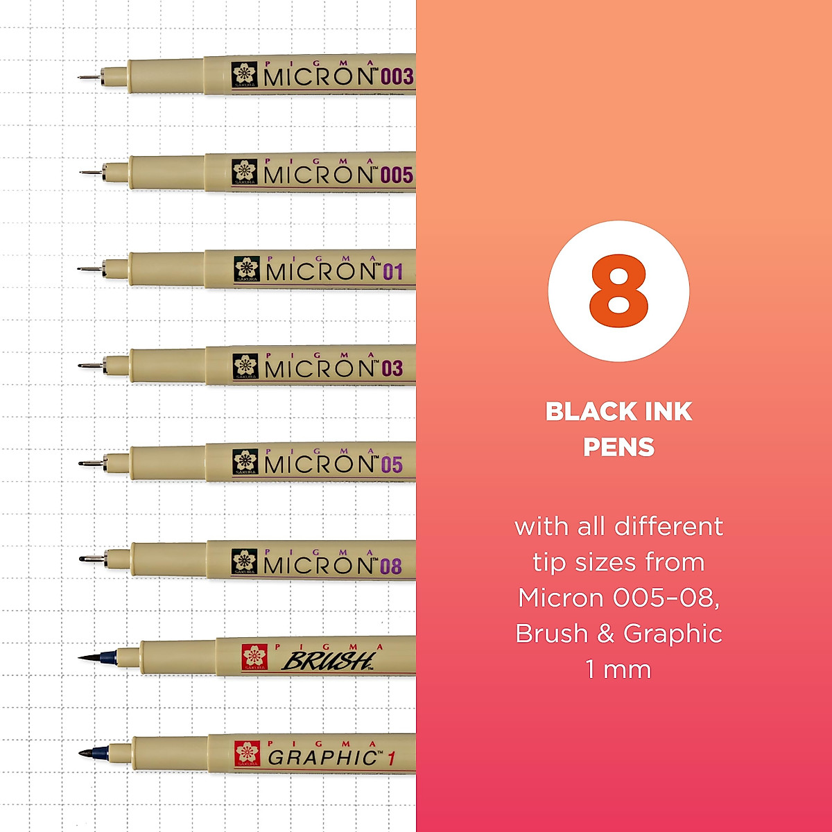 Sakura Pigma 30067 Micron Blister Card Ink Pen Set, Black, 8/Set