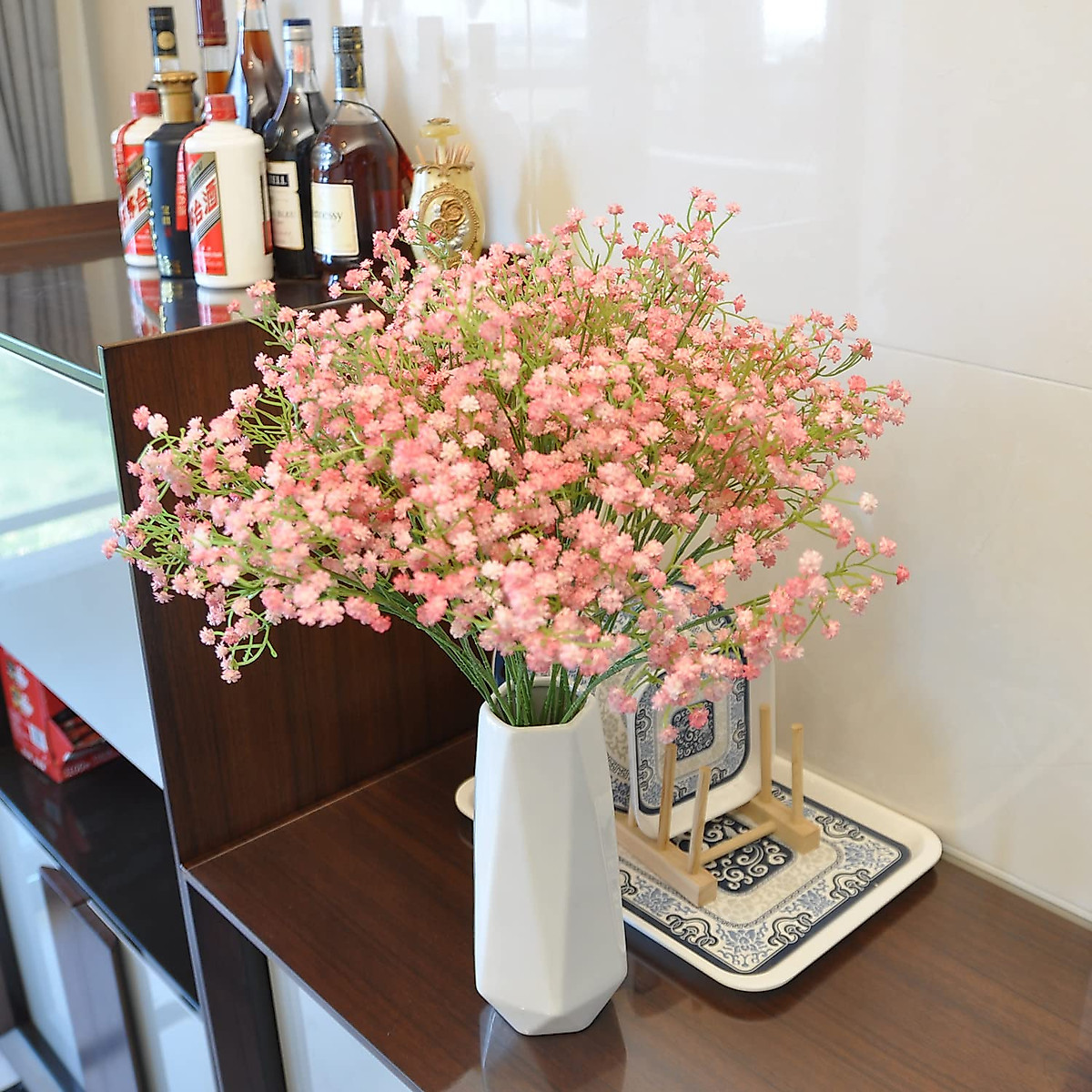 NC Simulation Baby Breath Flower 12PCS, Real Touch Artificial Gypsophila Bouquet Ribbon Home Garden Office Wedding Bouquet Hair Decoration Ornaments, Pink