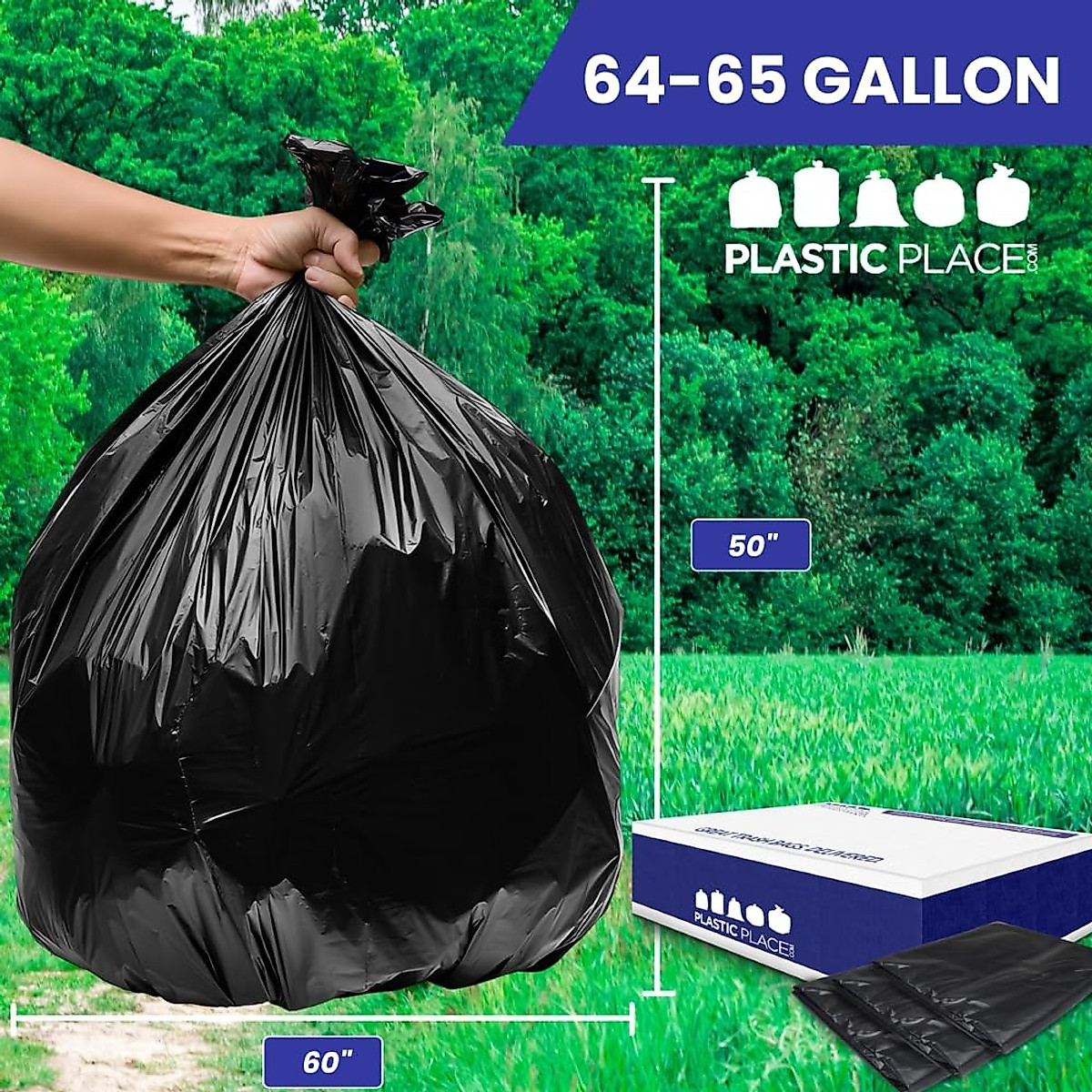 Plasticplace Black Trash Bags (50 Count): Heavy-Duty 64-65 Gallon Garbage Bags, Trash Can Liners, 1.5 Mil for Toter, Perfect Garbage Bag, 50” x 60”, Durable Can Liners