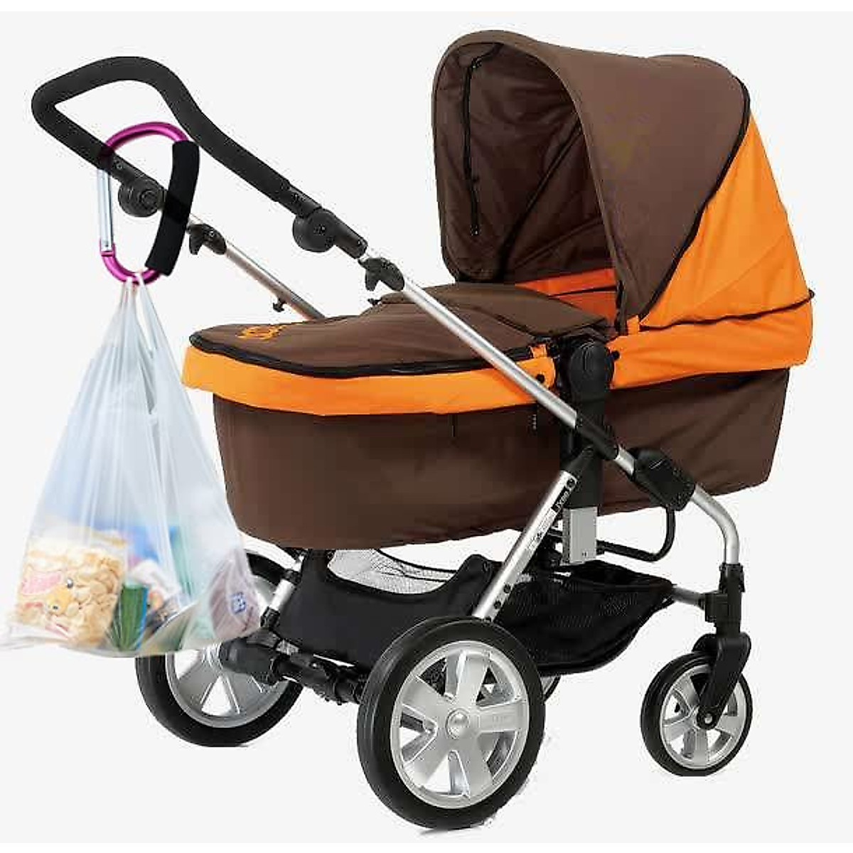 Magnoloran 4 Pack Grocery Bag Shopping Bag Holder Handle Carrier Tool Baby Stroller Hook Stroller Organizer Hook Clips Multi Purpose Snap Hook Carabiner Clip with Cushion Grip, Black & Purple