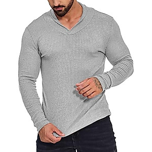 ZAFUL Mens Shawl Collar V Neck Sweater Shirts Lightweight Long Sleeve T Shirts Fitted Knitted Pullover Thermal Top Light Grey