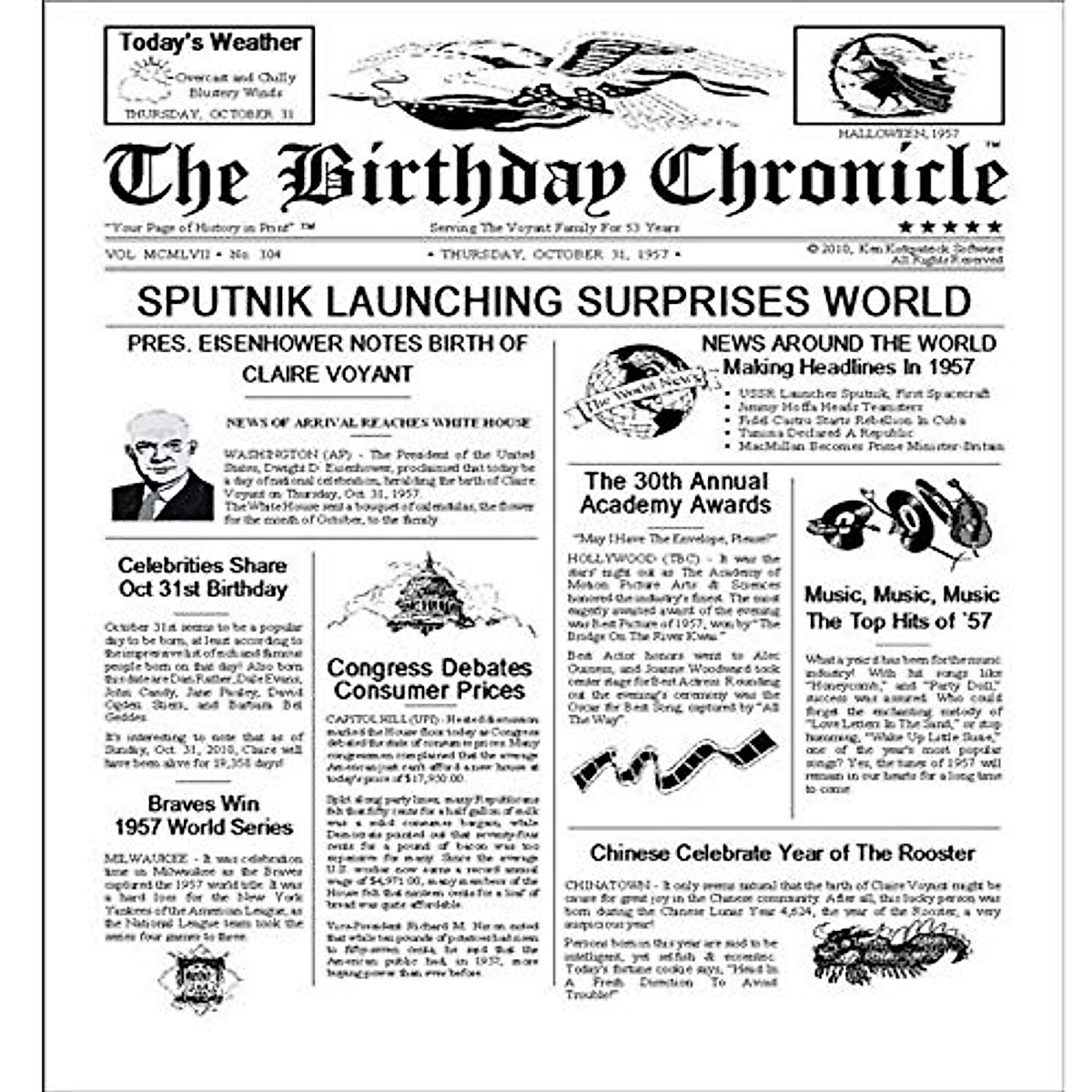 Customized Persona lHistorical Birthday Newspaper Chronical Art Print for the Day You Were Born from 1900 to 2015