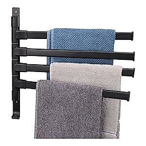 TocTen Swivel Towel Rack, Rustproof and Durable Space Saving Towel Hanger, Towel Bar Swing Out 180° Rotation, Wall Mounted/Glue Mounted Towel Rod with Hook for Bathroom, Kitchen (4-Arm, Black)