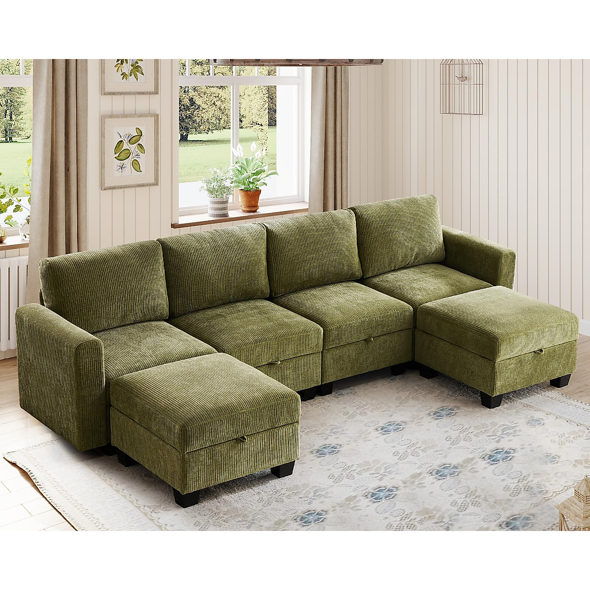 ABCASA 118" Modular Sectional Couches for Living Room, No Compressed No Sagging, 6 Seat Sofa Couch with Storage, Easy to Install - Corduroy Green