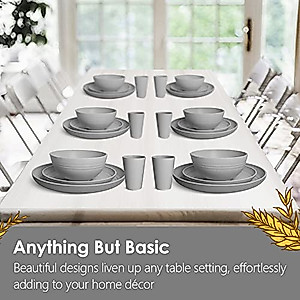 Teivio 32-Piece Kitchen Plastic Wheat Straw Dinnerware Sets, Service for 8, Dinner Plates, Dessert Plate, Cereal Bowls, Cups, Unbreakable Plastic Outdoor Camping Dishes, Grey