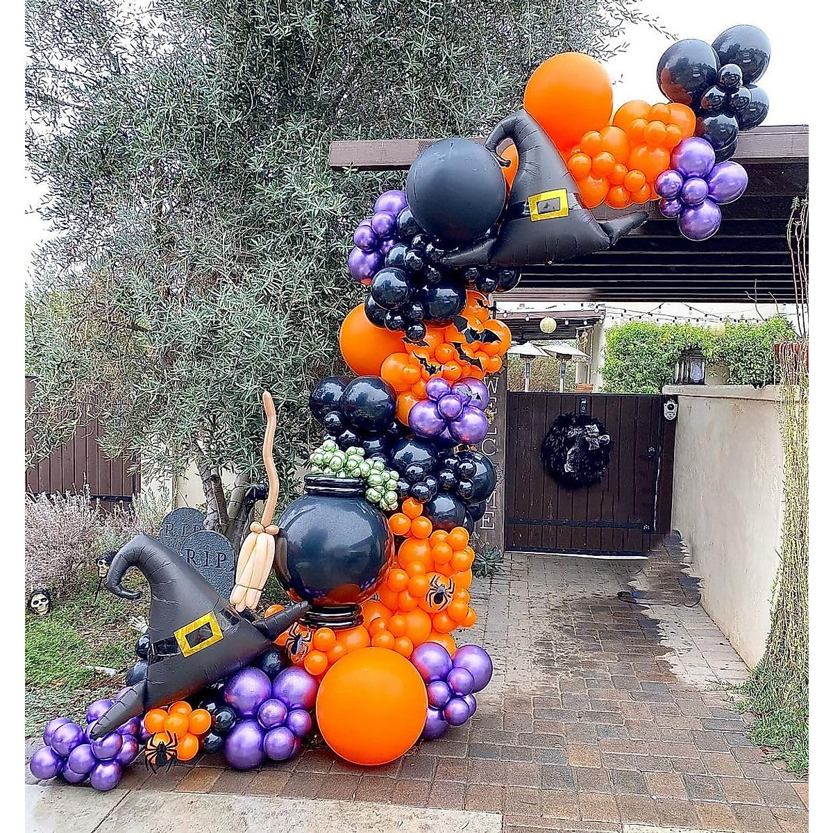 Wecepar 158pcs Halloween Balloon Garland Arch Kit Black Orange Purple Green Balloon with Skeleton Guard Cat Pumpkin Witch Hat Shaped Foil Balloons for Halloween Theme Party Supplies Decorations