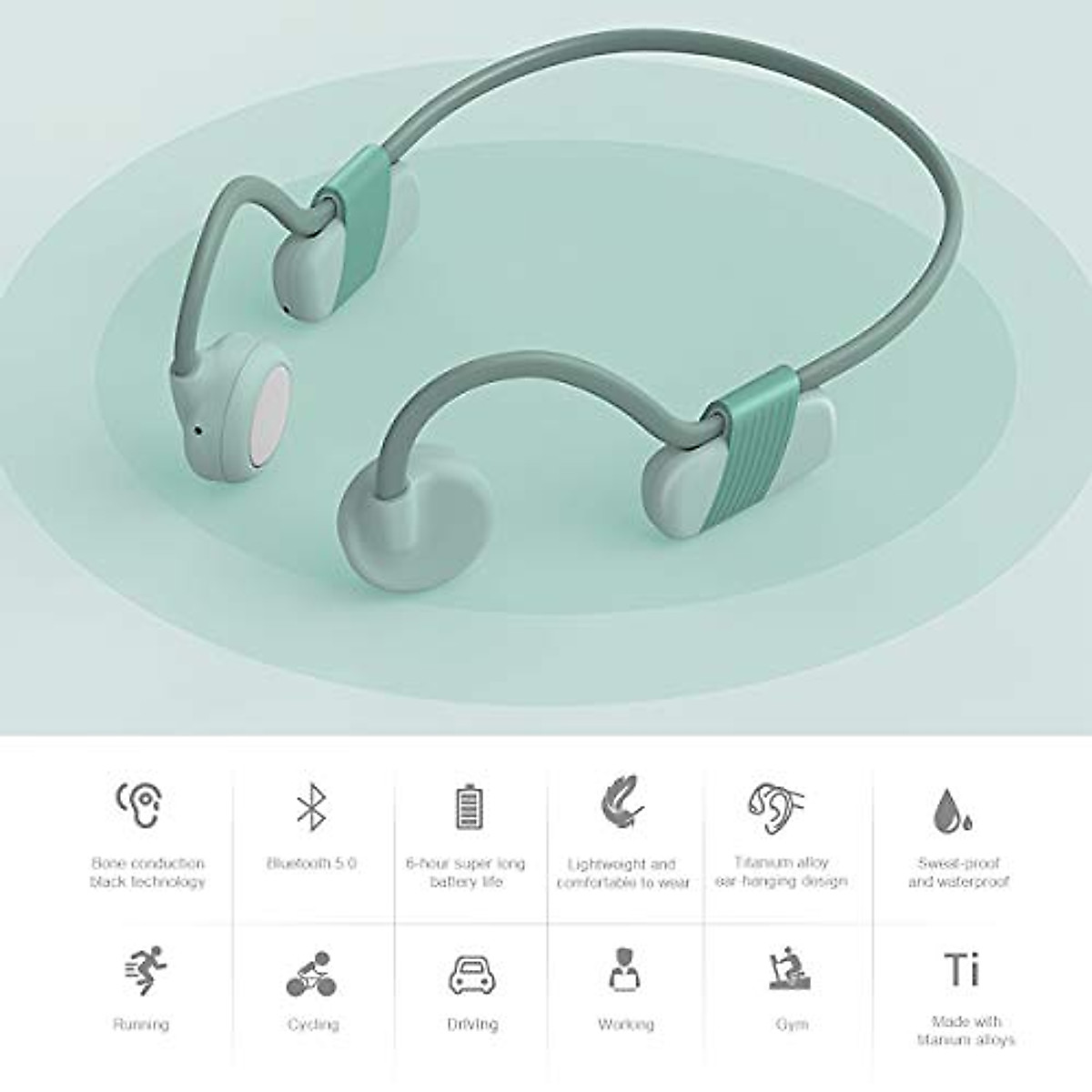 IFECCO Bone Conduction Headphones, Open Ear Wireless Headphones Bluetooth 5.0 with Mic, Waterproof IPX6 Ultra-Lightweight Sport Headsets for Jogging Running Driving Cycling(Green)