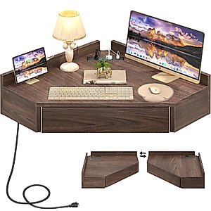 armocity Floating Corner Desk with Outlets & USB Ports, Wall-Mounted Corner Table for Small Space, Triangle Computer Desk with Drawer for Home Office, Vanity Desk, Corner Space, Bedroom, Espresso