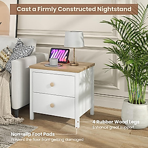 Giantex Night Stand with 2 Drawers, Farmhouse Bedside Table with Cute Round Knobs, Wooden Floor End Table with Rubber Wood Legs, Small Sofa Side Table for Small Space Kids Bedroom College, White