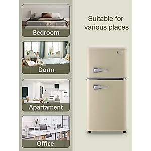 KRIB BLING 3.5 CU.FT Compact Refrigerator 2 Door Mini Fridge with Freezer, Mini Refrigerator with Removable Glass Shelves Small Drink Food Storage Cooler for Office, Dorm, Apartment, Cream