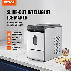 VEVOR Countertop Nugget Ice Maker, 37lbs in 24Hrs, 2 Way Water Refill Self Cleaning Nugget Ice Maker with Scoop and Basket for Home Kitchen Office Party