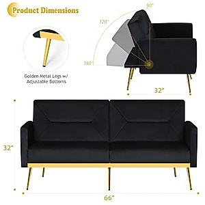 Lesofair Velvet Sofa Bed with Adjustable Backrest, Tufted Futon with Adjustable Armrests, Convertible Sleeper Couch w/Golden Legs for Living Room, Bedroom, Waiting Room, Black