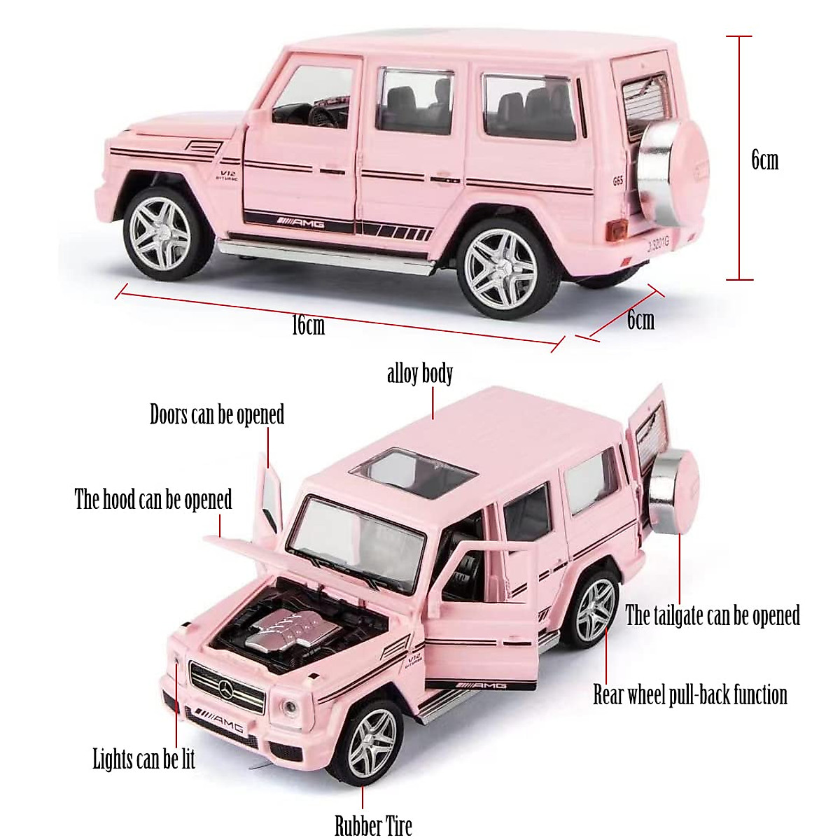 iLooboo Alloy Collectible Pink Benz G65 AMG Toy Vehicle Pull Back Die-Cast Car Model with Lights and Sound