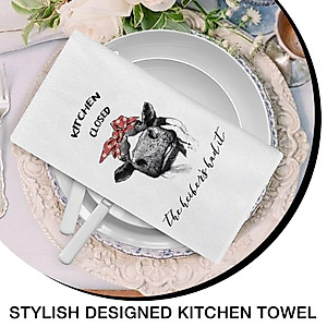 Seliem Funny Farm Cow Kitchen Dish Towel, Kitchen Closed The Heifers Had it I’ll Lick The Dishes You Dry Sign Tea Bar Hand Drying Cloth, Country Farmhouse Fun Animal Decor Home Decorations 18” x 26”