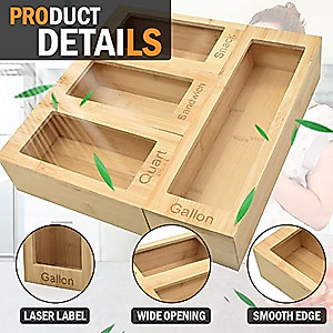 Ziplock Bag Organizer, Bamboo Ziplock Bag Organizer for Drawer, Kitchen Food Storage Bag Organizer Suitable for Gallon, Quart, Sandwich, Snack Bag, Sandwich Bag Dispenser Holders