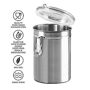 Oggi Stainless Steel Kitchen Canister 62 fl oz - Airtight Clamp Lid, Clear See-Thru Top - Ideal for Kitchen Storage, Food Storage, Pantry Storage. Large Size 5" x 7.5".