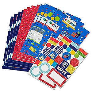 Hallmark Flat Birthday Wrapping Paper Sheets with Cutlines on Reverse (12 Folded Sheets with Sticker Seals) Happy Birthday, Red Confetti, Blue with Cakes