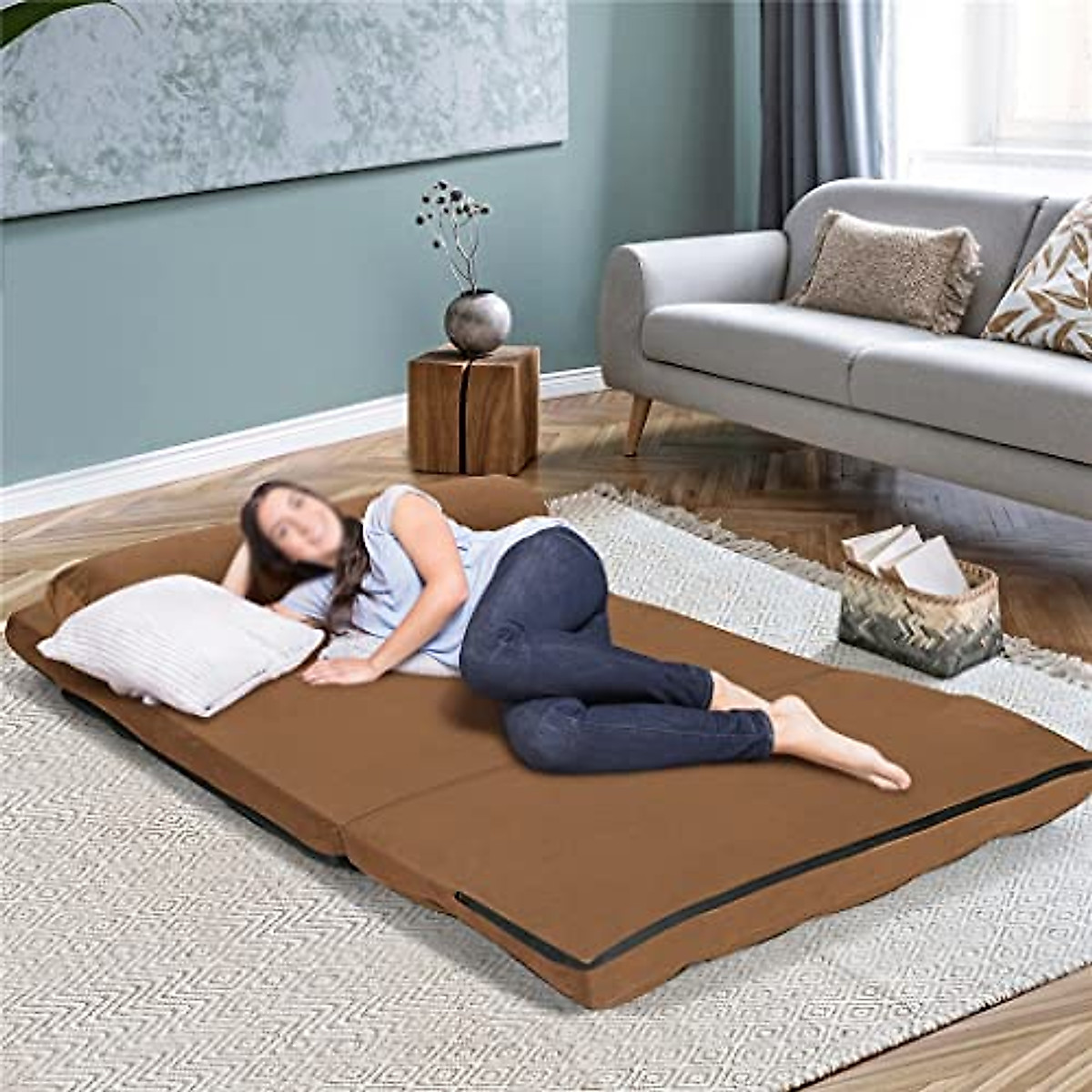Walnut Foldable Floor Sofa Bed 6-Position Adjustable Couch with/ 2 Pillows Brown Adjustable Floor Sofa