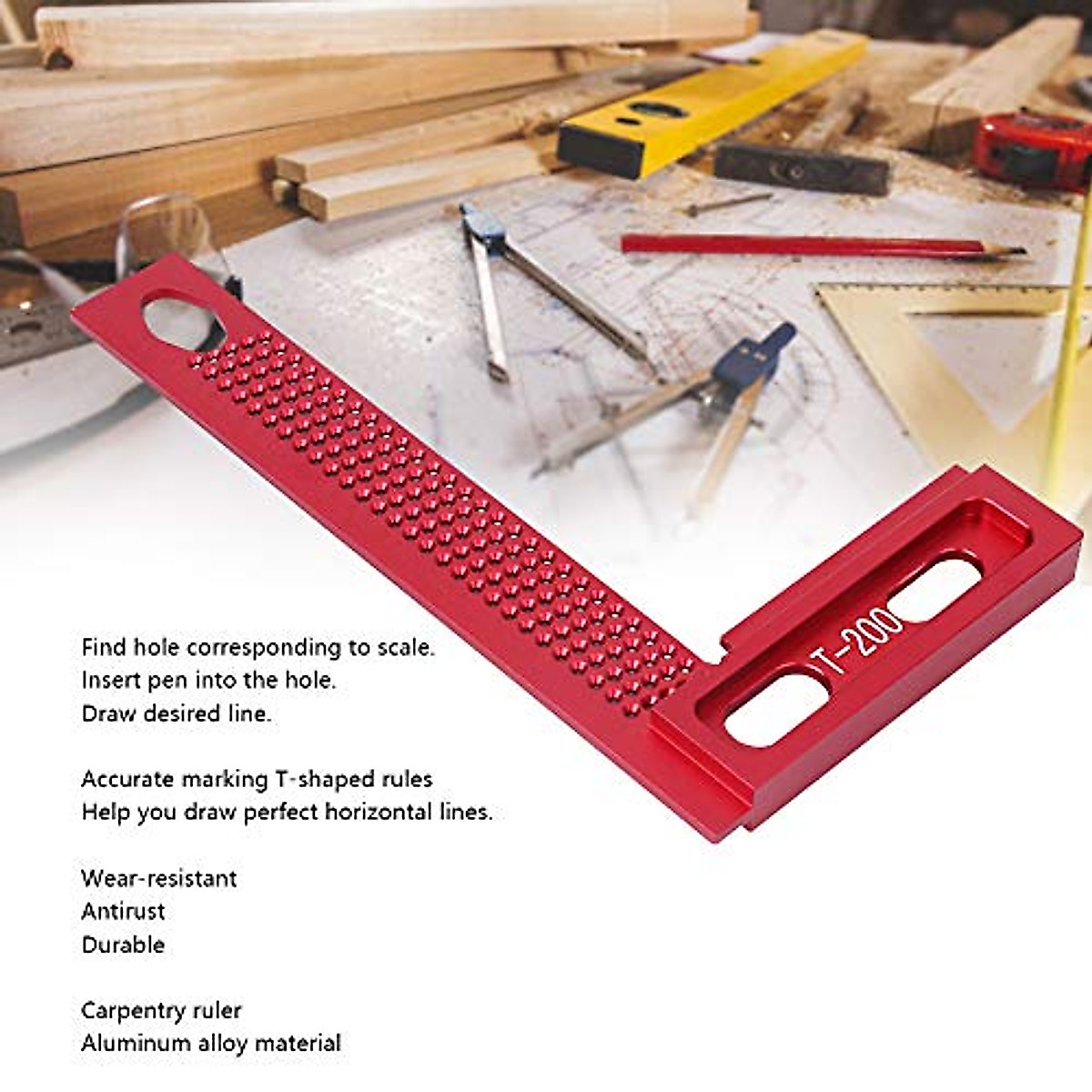 T-200 Woodworking Ruler L Square Ruler Aluminum Alloy Hole Ruler Measuring Tool Wear-Resistant Rust-Proof Portable Crossed-Out Tool Carpenter Scriber Marking Tool