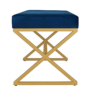 24KF Velvet Upholstered Entryway Bench with Metal Leg, Padded Bedroom Bench Seat cushion with Golden Metal X-Legs -Navy