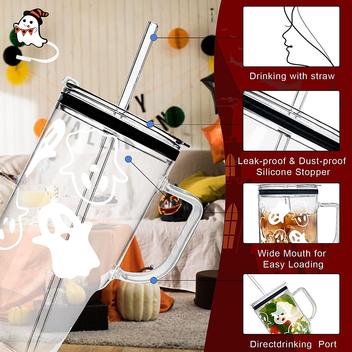 ONEHAUS Ghost Cup with Handle, 40oz Glass Tumbler Mug, Glass Cups with Lids and Straws, Halloween Ghost Decorations Gifts Glass Cups Ghost Tumbler for Iced Coffee, Fits In Cup Holder
