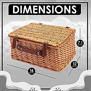 Wicker Picnic Basket Set for 4 Persons Portable Willow Hamper Large Capacity, Lightweight, Durable, and Washable Cotton Cloth Basket with Handle and Lid for Outdoor, Family, Camping (16 x 12 x 7.1in)