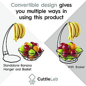 CuttleLab Fruit Basket with Banana Hanger (Black, 1-Tier), Fruit Bowl with Banana Holder, Fruit Bowl for Kitchen Counter used as Bread Basket, Vegetable Basket, Fruit Stand,Egg Holder with Banana Tree