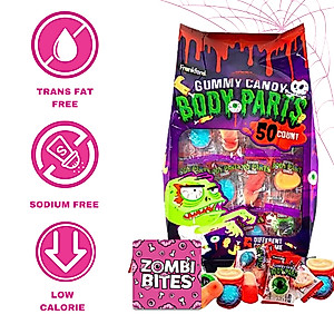 Gummy Candy Pack by Zombibites. Features One-13.2 Oz 50 Ct of Frankford's Body Parts Gummies Candies. Assorted Body Parts Candy for Halloween Gummies Candy. And a Free Zombibites Fridge Magnet!