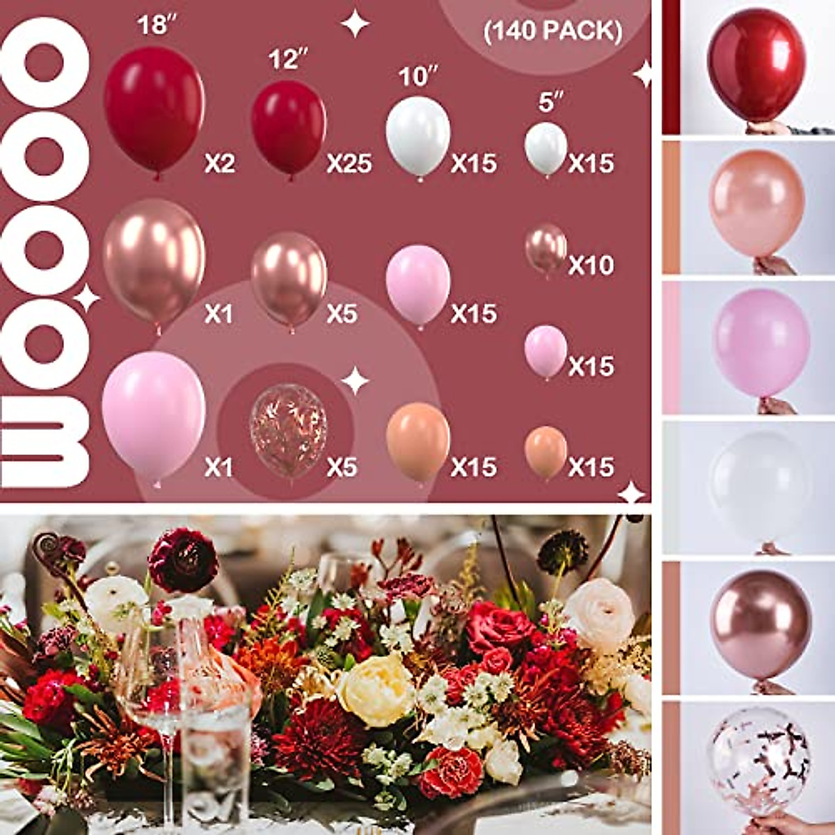 PartyWoo 140 pcs Burgundy Red and Pink Balloon Garland, Double-stuffed Burgundy Balloons, Metallic Rose Gold Wine Red Light Pink Balloon Arch Kit for Birthday Decorations, Baby Shower, Wedding