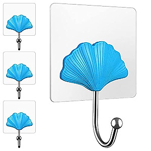 SELEWARE Adhesive Hooks 20Ib(Max), Heavy Duty Decorative Wall Hooks for Hanging, Waterproof and Oilproof Seamless Hooks for Wall Indoor Kitchen Bathroom Office, Blue Ginkgo Leaf, 4 Pack