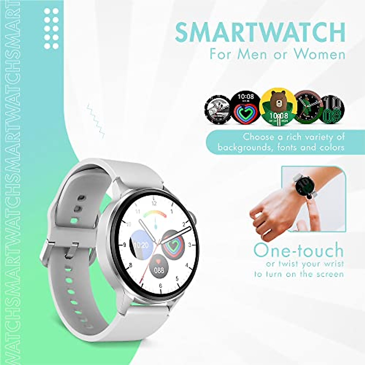 EKTON Smart Watches for Men & Women - Smart Watch for Android Phones, Make/Answer Calls, Messaging, Voice Assistant, NFC Functions, Wireless Charging, Long Battery Life, Silver