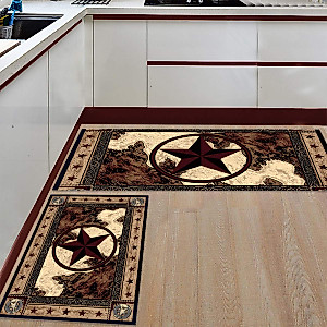Western Kitchen Runner Rug Sets 2 Piece, Rustic Texas Star Absorbent Bathroom Rugs, Farmhouse Floor Mats Retro Brown Beige Non-Slip Door Mat for Bedroom/Hallway/Laundry, 15.7"Wx23.6"L+15.7"Wx47.2"L