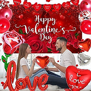 Valentines Day Home Decorations-I Love You Balloons Valentines Day Backdrop for Photography Red Heart Rose Valentines Romantic Decorations