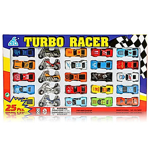 ArtCreativity Diecast Car and Motorcycle Toys, Set of 25, Cool Motorbike and Car Toys for Kids in Window Box, Fun Pretend Play Toys for Boys and Girls, Idea, Car Party Favors