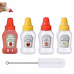 THYULIFE 4Pcs Mini Condiment Squeeze Bottles with Cleaning Brush, 25ml Leakproof Mini Ketchup Sauce Bottles Refillable Ketchup/Soy Sauce/Honey/Salad Dressing Bottles Container for Lunch Box, BPA Free