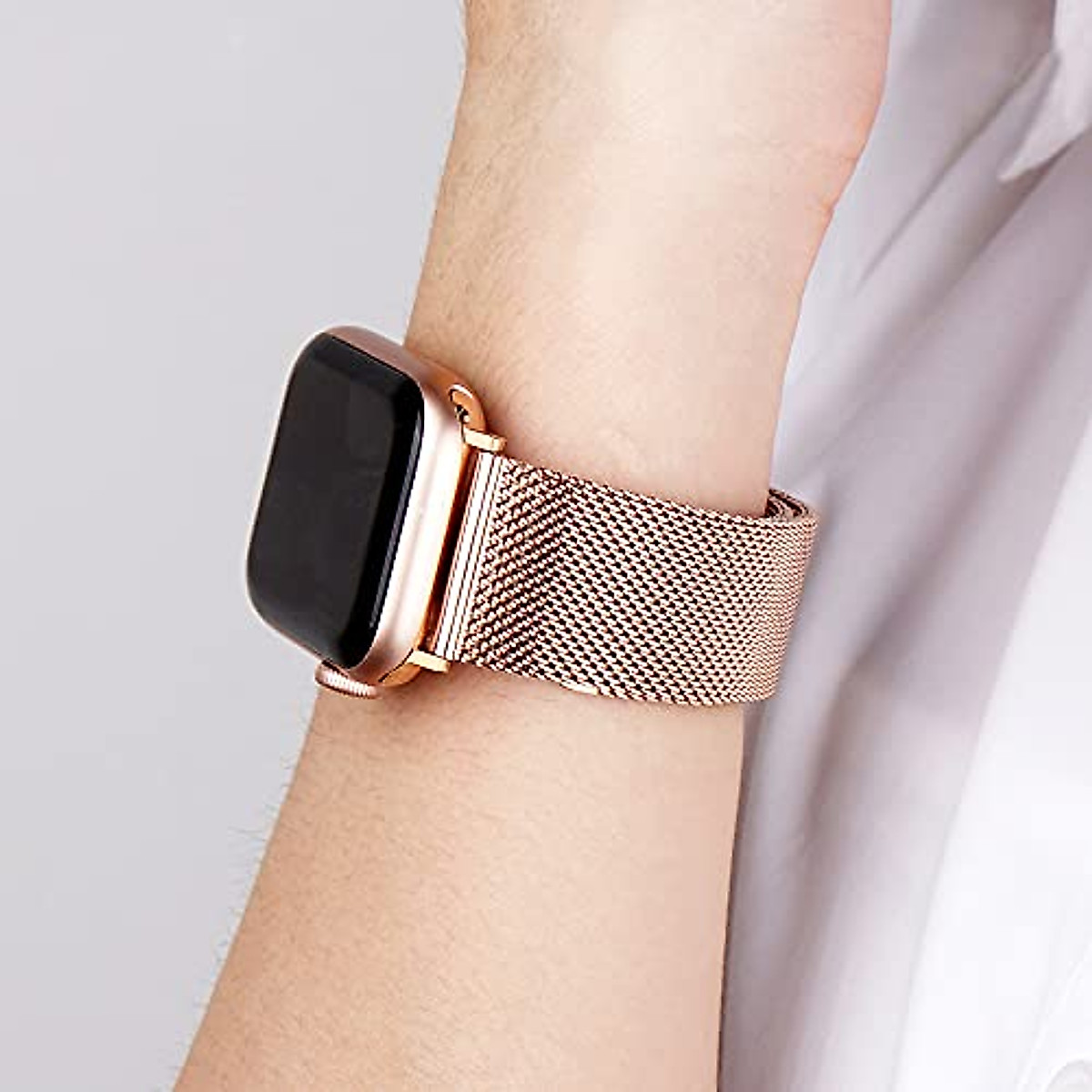 2Pack Magnetic Band Compatible with Apple Watch 38/40/41/42/44/45mm,Steel Mesh Strap Loop Replacement for iWatch SE iWatch Series 8/7/6/5/4/3/2/1 Women Men(Sliver+Champagne gold,38mm 40mm)
