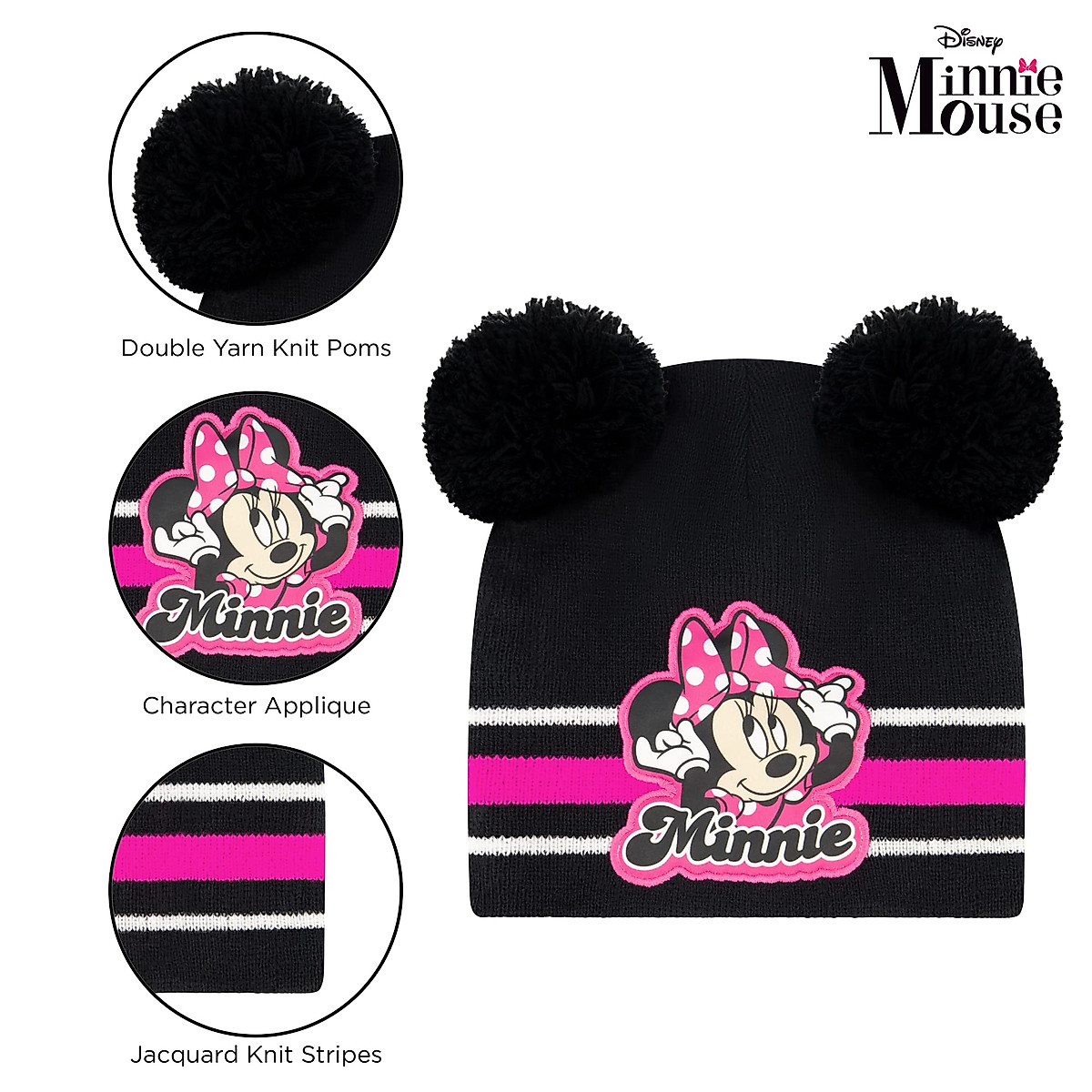 Disney baby girls Toddler Minnie Mouse Winter Hat, Scarf, and Gloves Or Mittens Ages 2-4 4-7 Cold Weather Hat, Black/Pink - Gloves Set, Years US