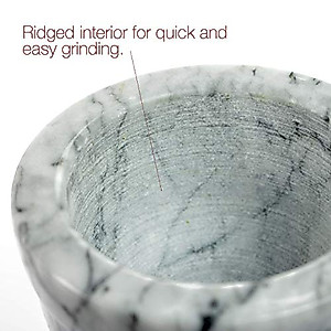 Marble Mortar and Pestle Set - Beautiful Polished White and Grey Veined Marble Mortar and Pestle Set with Garlic Peeler and Anti Scratch, Anti Skid Protective Pad