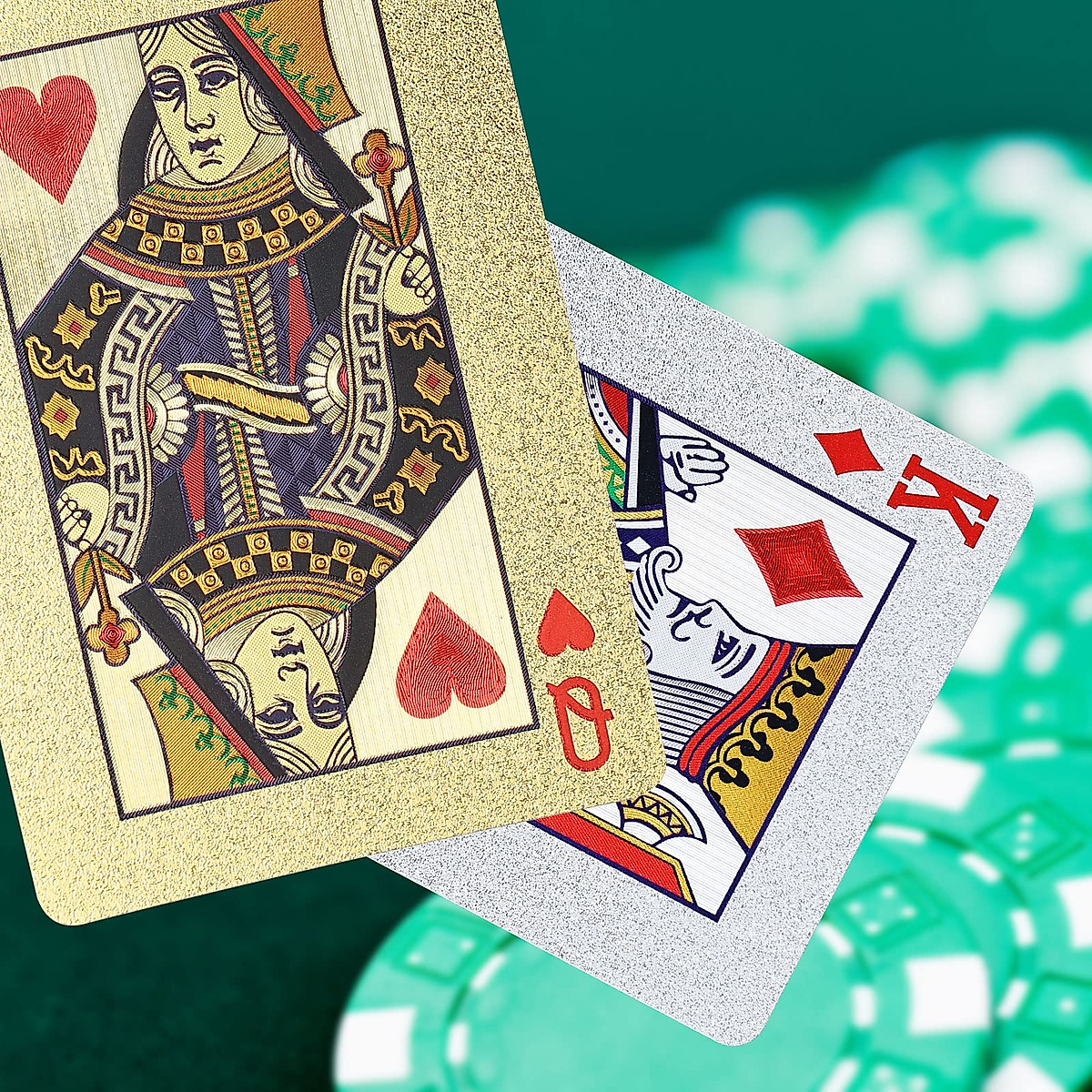 Joyoldelf 2 Decks of Playing Cards, 24K Foil Waterproof Playing Cards & Flexible Poker Cards with Box - Classic Magic Tricks Tool for Party, Game and Cardistry, 1 Gold + 1 Silver