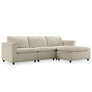 CHERS Sectional Couches for Living Room, 95" Cloud Modular Sectional Sofa with Ottoman, Modern Fabric Upholstered L Shaped Couch with Convertible Chaise, 3 Seater, Natural