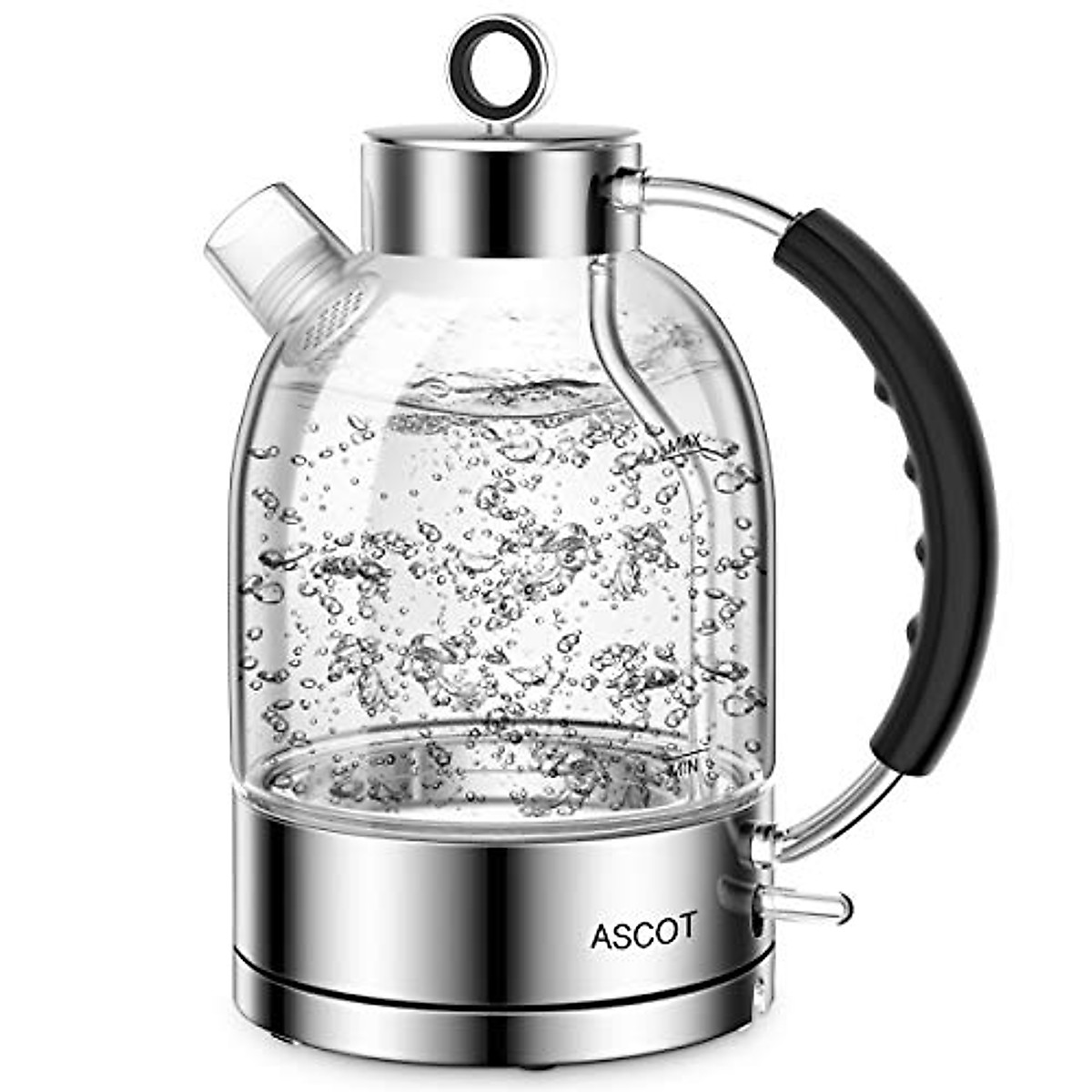 ASCOT Electric Kettle, 100% BPA-Free Glass Electric Tea Kettle, 1.6L 1500W Retro Tea Heater & Hot Water Boiler, No Plastic, with Auto Shut-Off and Boil-Dry Protection (Silver)