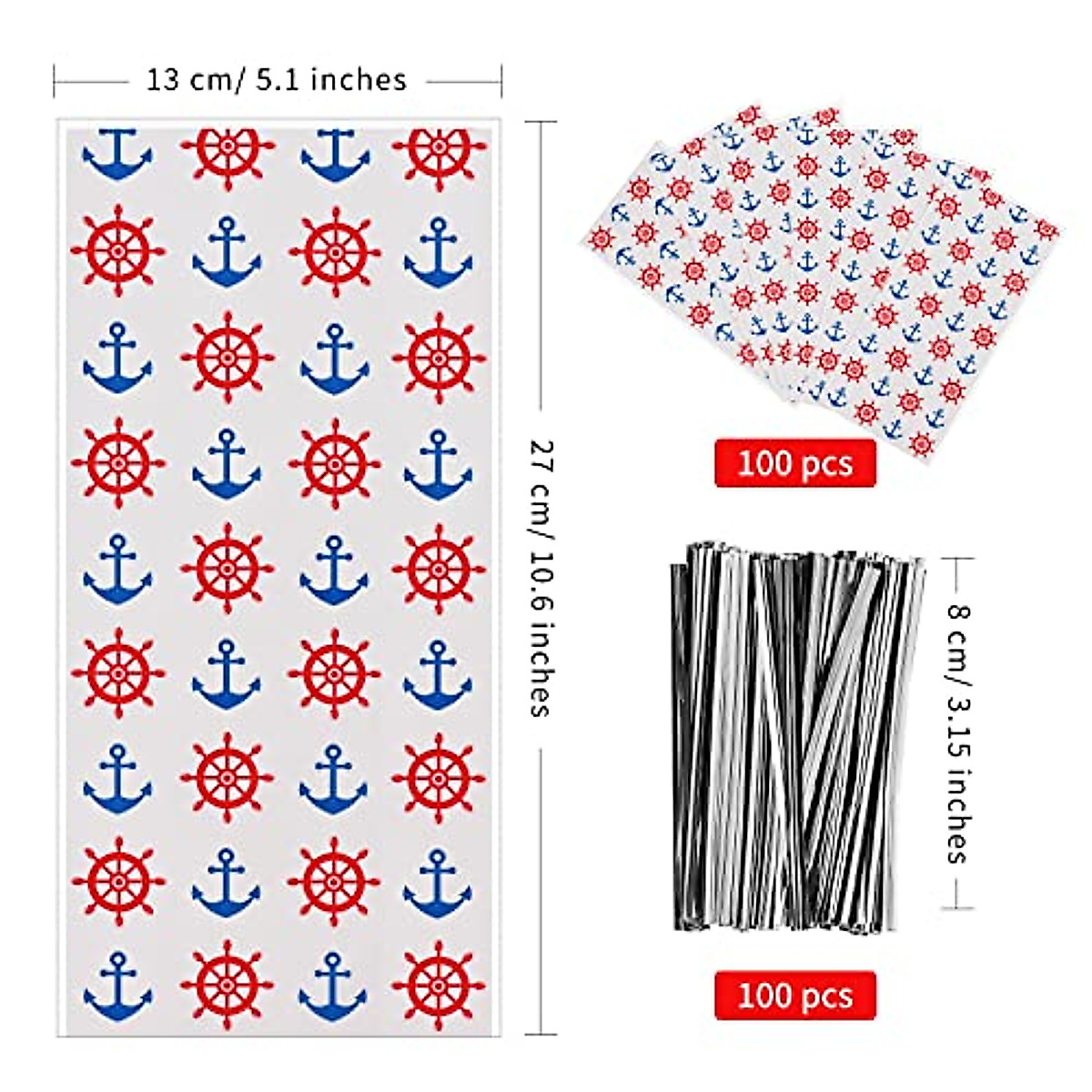Lecpeting 100 Pcs Nautical Treat Bags Anchors Wheel Print Cellophane Candy Bags Plastic Goodie Storage Bags Nautical Party Favor Bags with Twist Ties for Nautical Theme Birthday Party Supplies