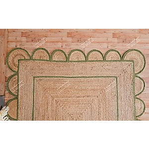 Jaipur Weaver Group Natural Jute Scalloped Area Rug Scallop Braided Boho Rugs Handwoven Bohemian Rug for Farmhouse & Home Decor (Green-4'x6'), BD2-GRN-4'x6'