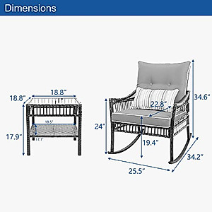 CIRMUBUY 3-Piece Outdoor Furniture Set, Rocking Conversation Chair, Wicker Cushioned Patio Rocker with Side Table for Porch, Garden, Poolside & Deck, Orange