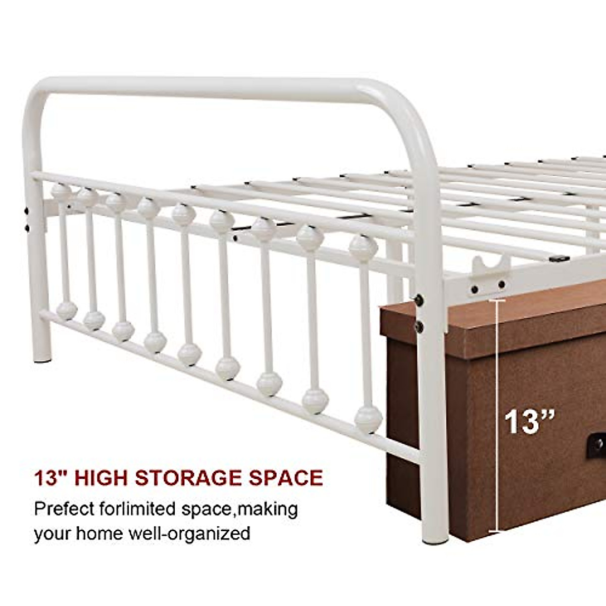 NEEBIRGELIA White Metal Bed Frame Queen Size with Headboard and Footboard Single Platform Mattress Base,Metal Tube and Iron-Art Bed（Queen,Grayish White）