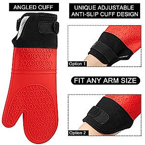 Silicone Oven Mitts with Adjustable Cuff, RoomyRoc Oven Mitt with Non-Slip Grip and Thicker Liner, Heat Resistant Pot Holders, Extra Long Professional Soft Flexible Oven Gloves, Red, 1 Pair, 14.7 Inch