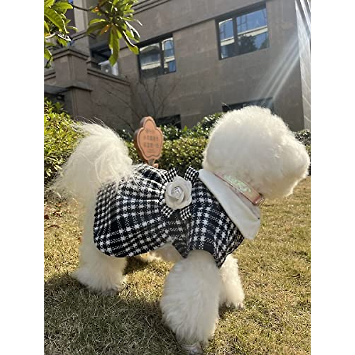 QWINEE 3pcs Dog Dress & Flower Bow & Necklace Set Geometric Princess Dress with Flower Bow Deco Puppy Skirt with Pearls Jewelry Necklace for Small Medium Cats Dogs Kitten Black and White XS