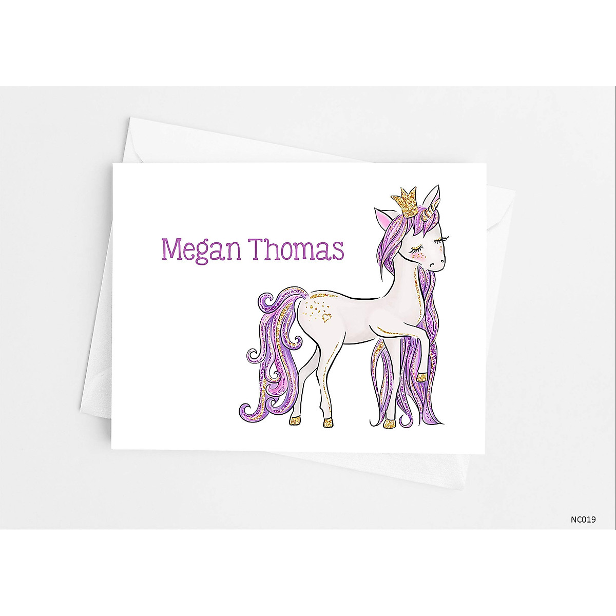 Purple Unicorn Note Cards with Envelopes, Personalized Stationery Set for Girls, Pack of 10 Folded Notecards