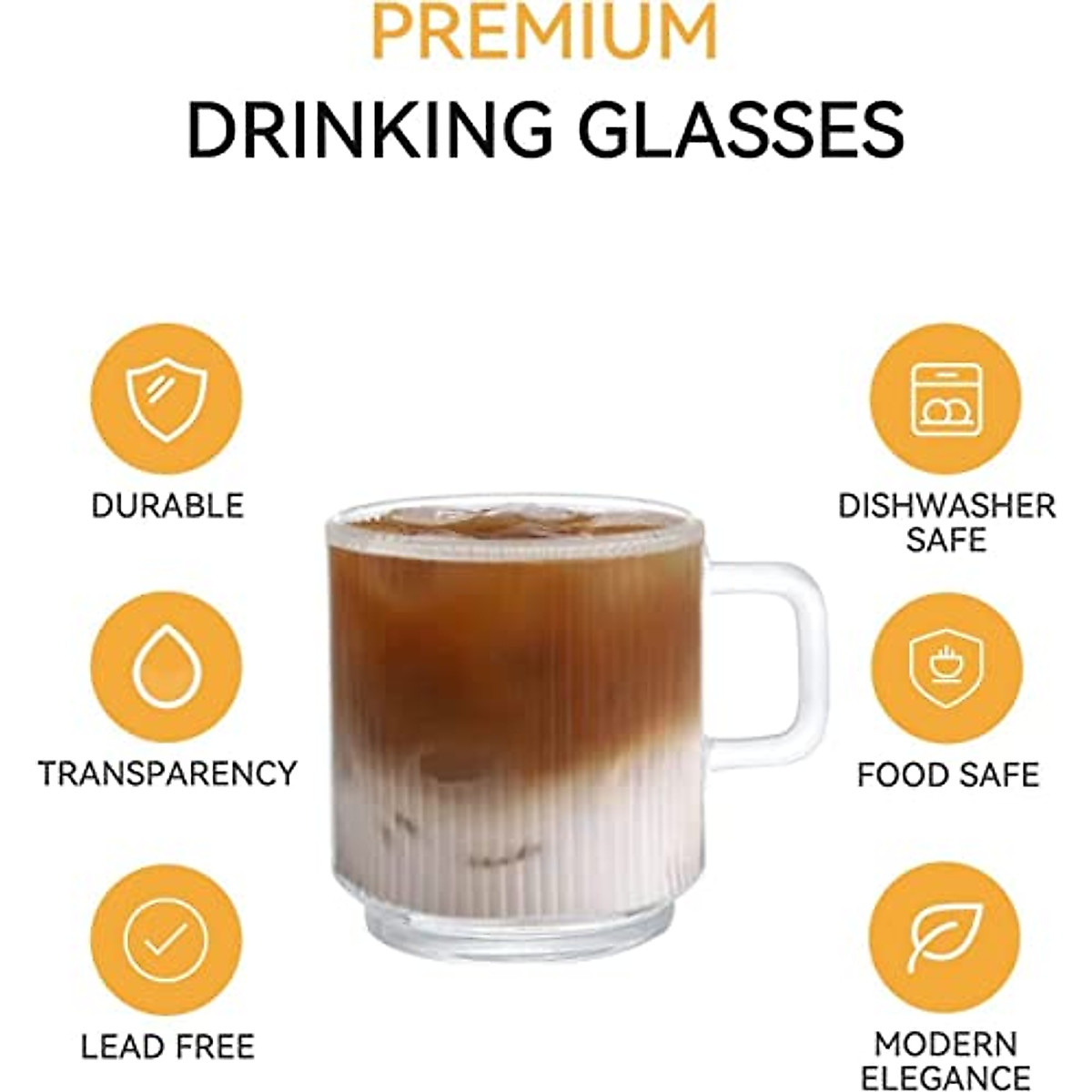 [6 PACK, 12 OZ] DESIGN•MASTER Premium Glass Coffee Mugs with Handle, Classic Vertical Stripes Tea Cup,Transparent Tea Glasses for Hot/Cold Beverages.