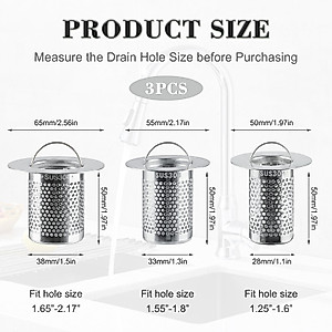3 Pack Sink Drain Strainer - Stainless Steel Bathtub Shower Drain Hair Stopper Strainer for Shower Bathroom Kitchen Sink Prevent Clogging, with Handle (1.97"& 2.17"& 2.56")